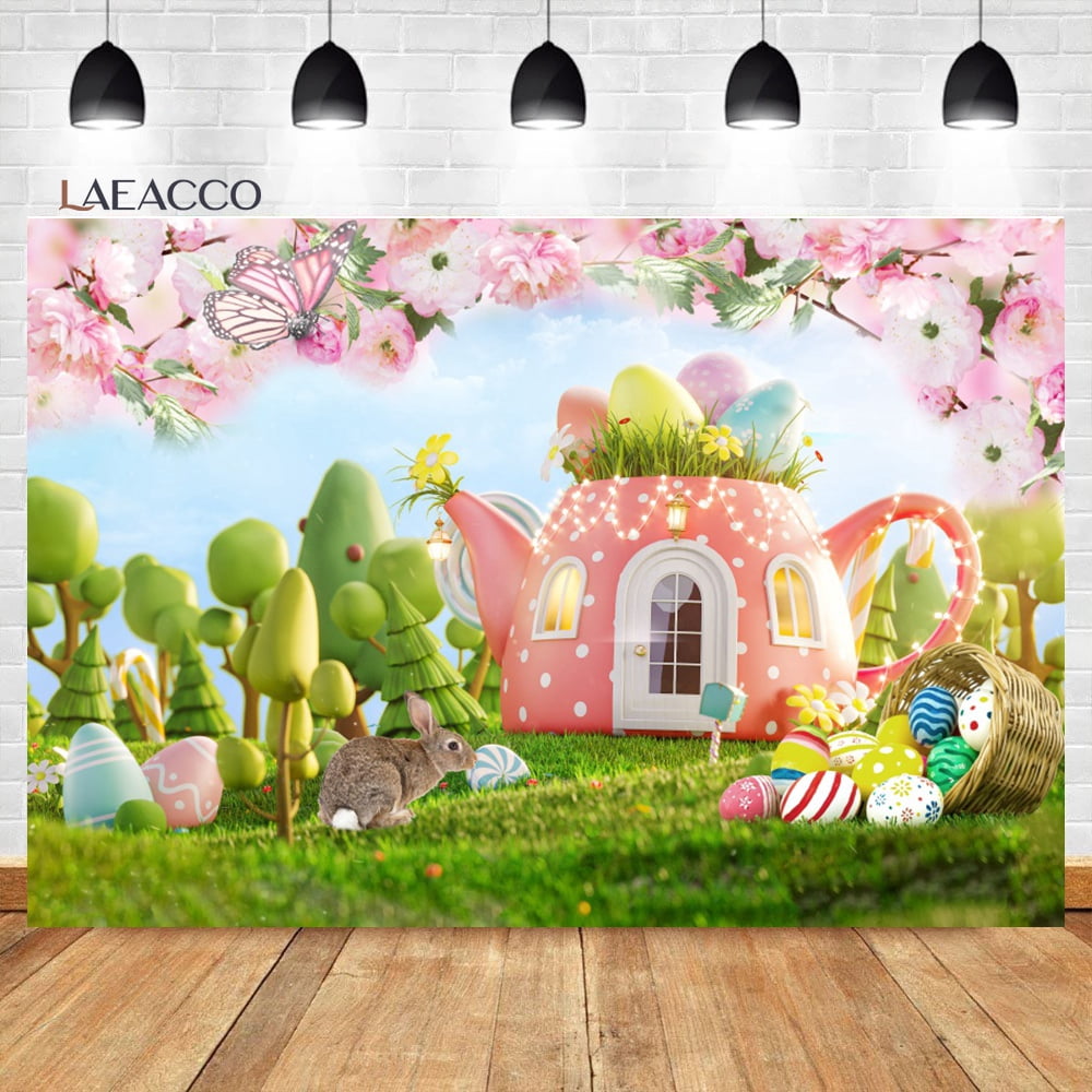 Happy Easter Backdrop Spring Pink Cherry Blossoms Colorful Eggs Cute ...