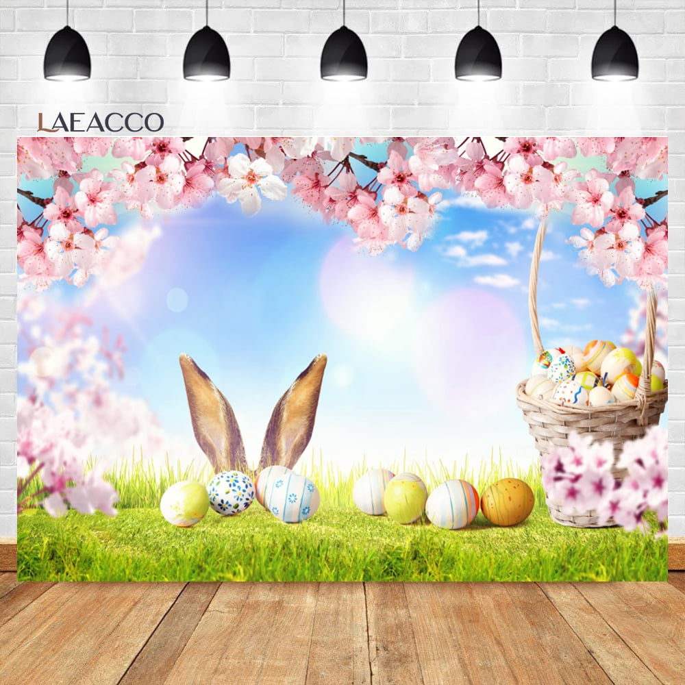 Happy Easter Backdrop Spring Pink Cherry Blossoms Colorful Eggs Cute ...