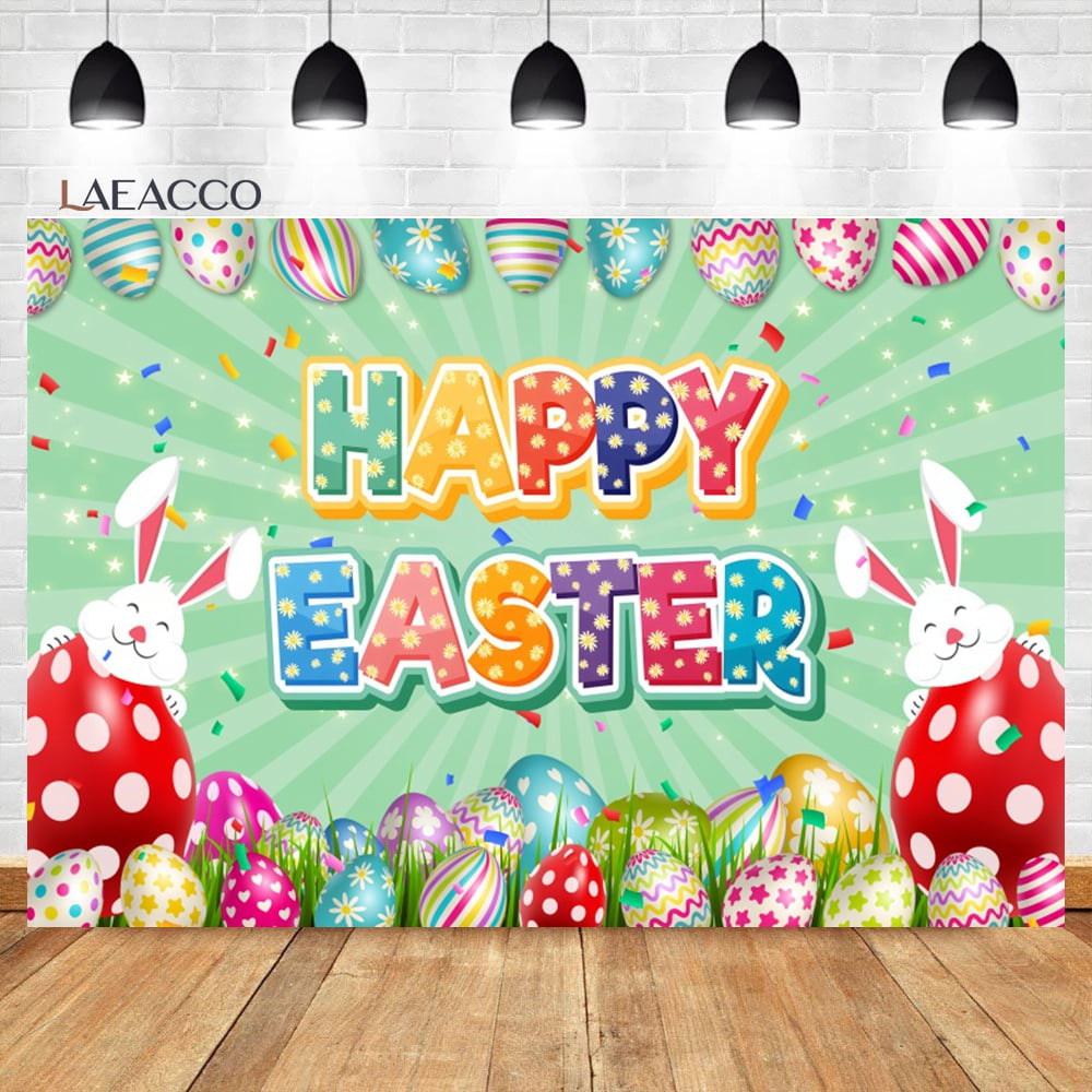 Happy Easter Backdrop Spring Pink Cherry Blossoms Colorful Eggs Cute ...