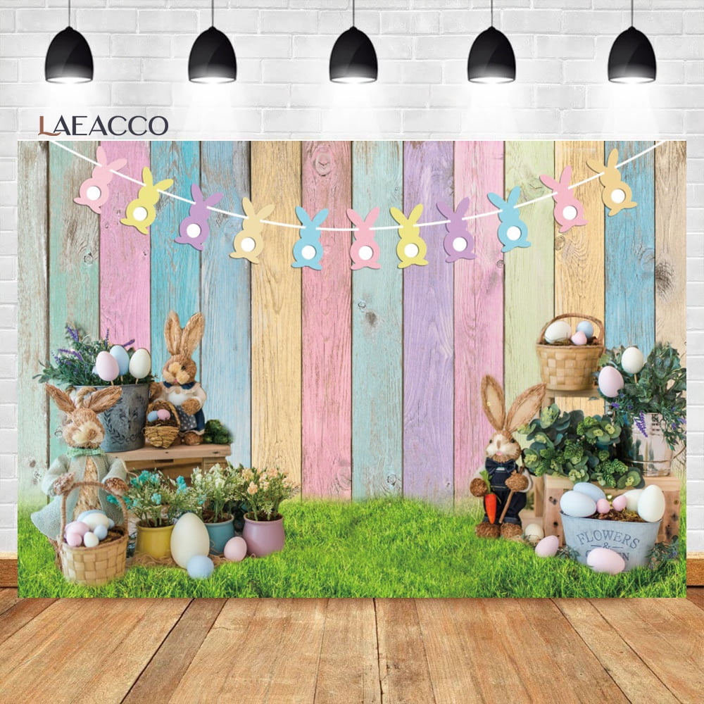 Happy Easter Backdrop Spring Pink Cherry Blossoms Colorful Eggs Cute ...