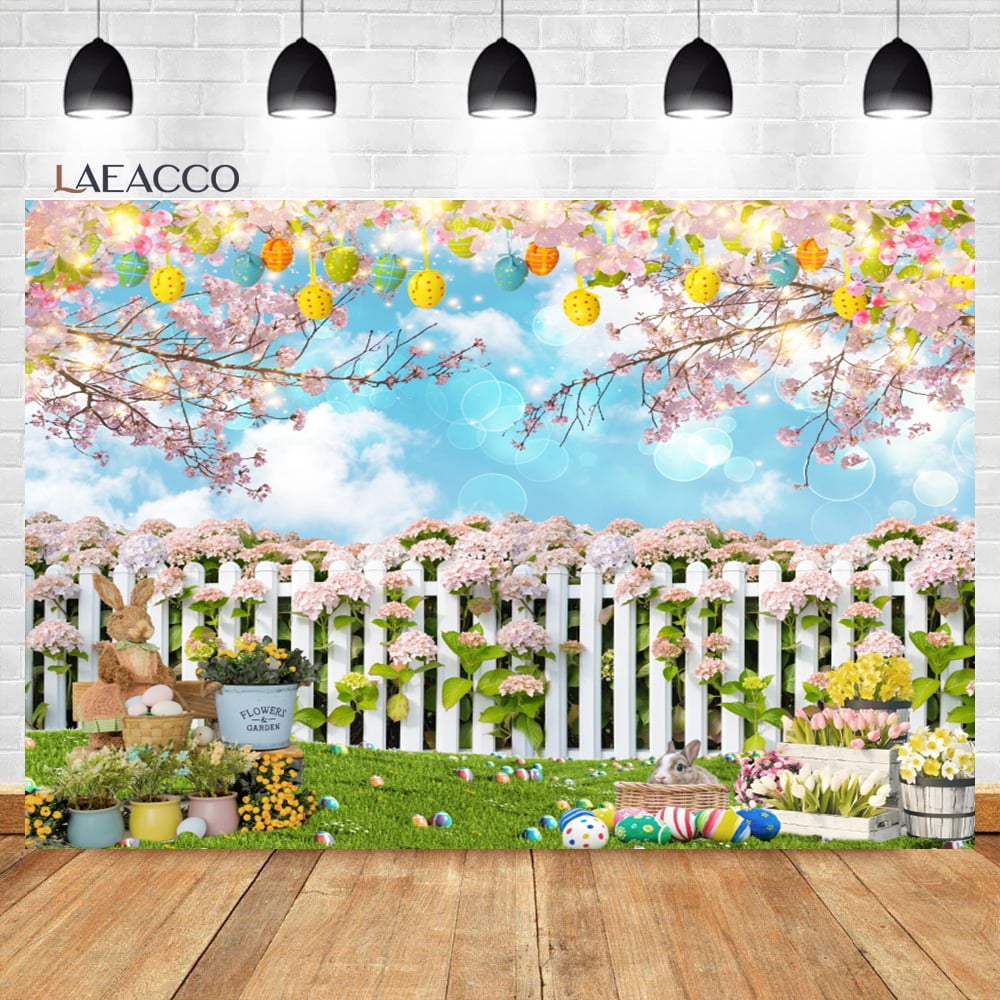 Happy Easter Backdrop Spring Pink Cherry Blossoms Colorful Eggs Cute ...