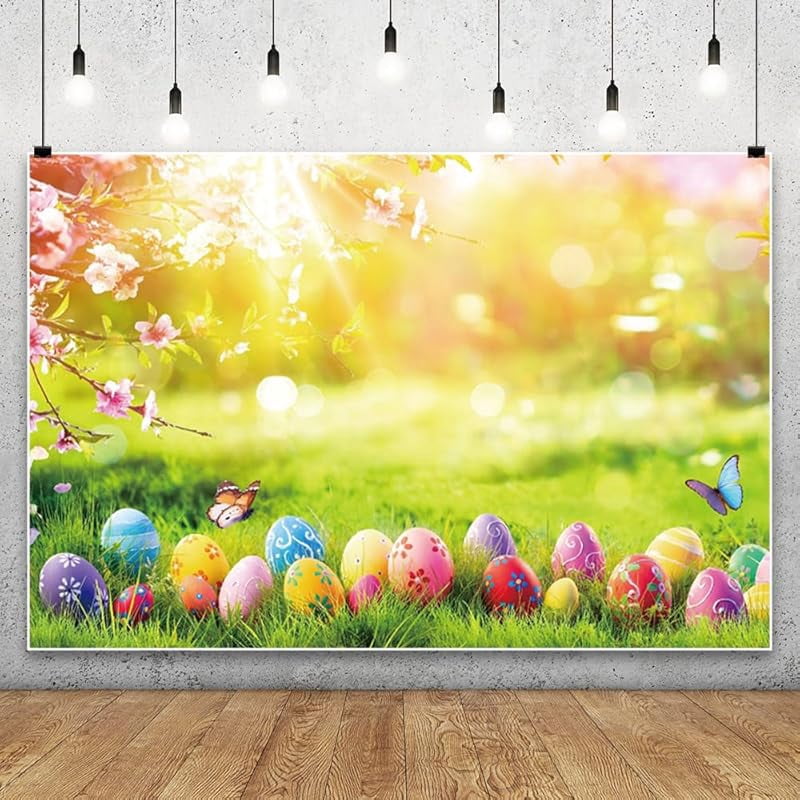 Happy Easter Backdrop Spring Pink Flowers Colorful Eggs Cute Rabbit ...
