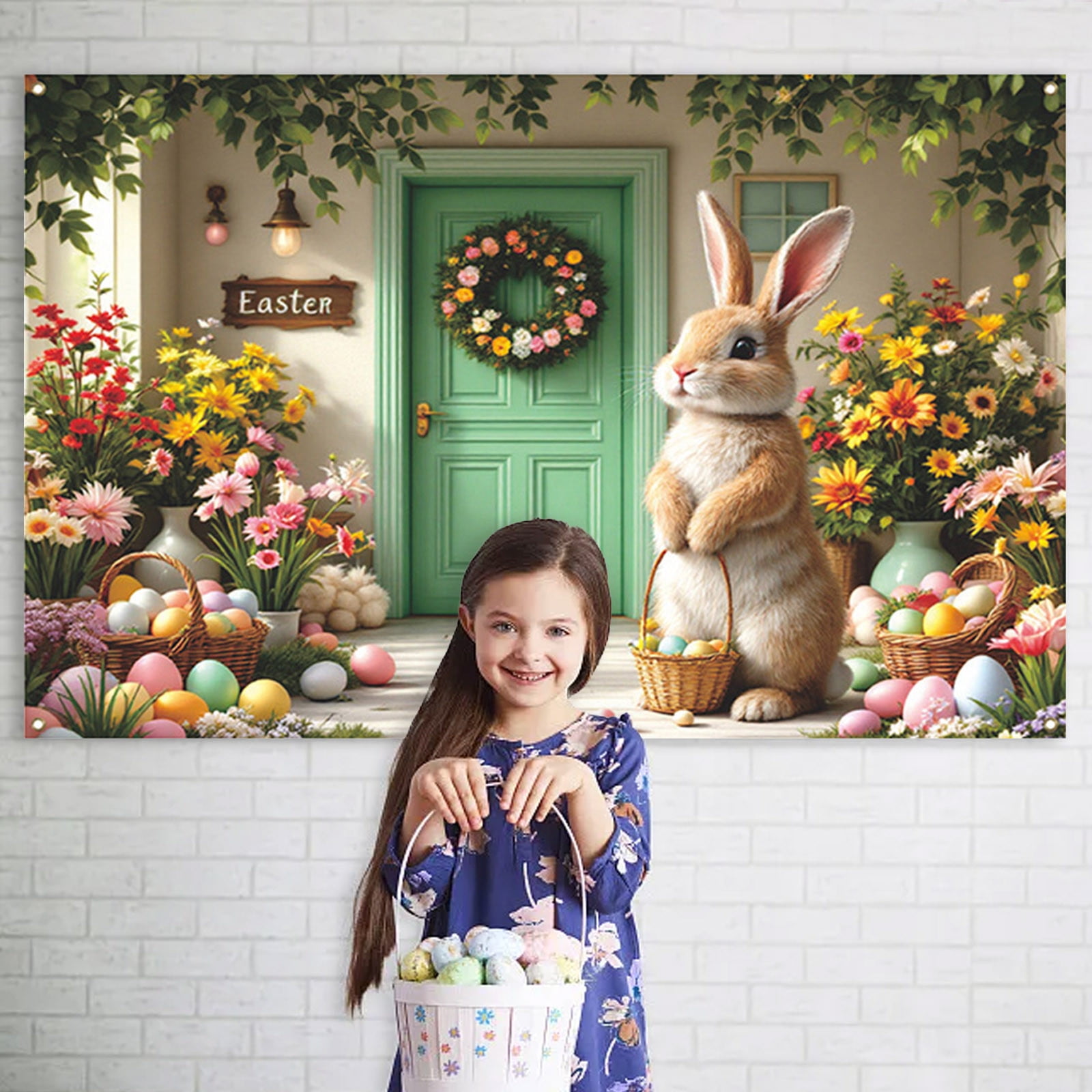 Happy Easter Backdrops Photography Banner Decorations Bunny Grassland ...
