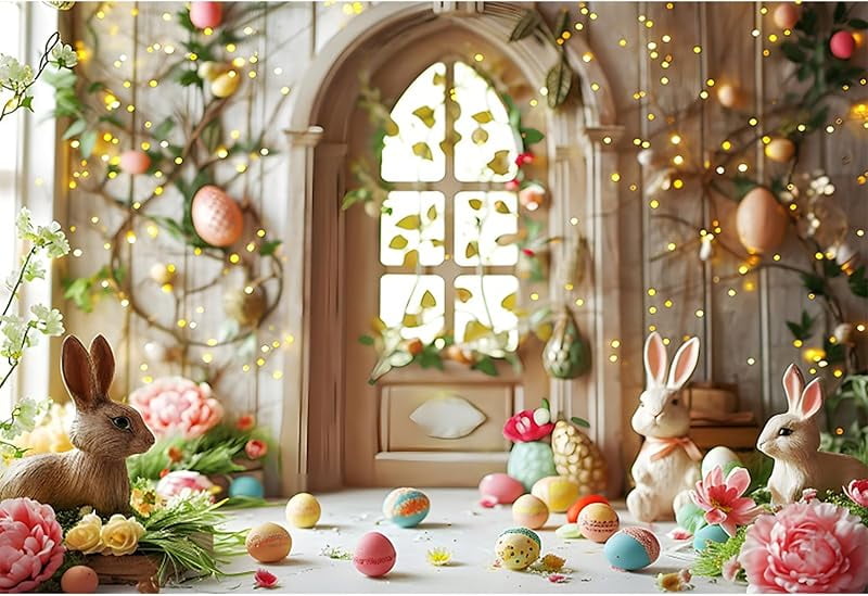 Happy Easter Backdrops for Photoshoot Rabbit Bunny Colorful Eggs Leaves ...