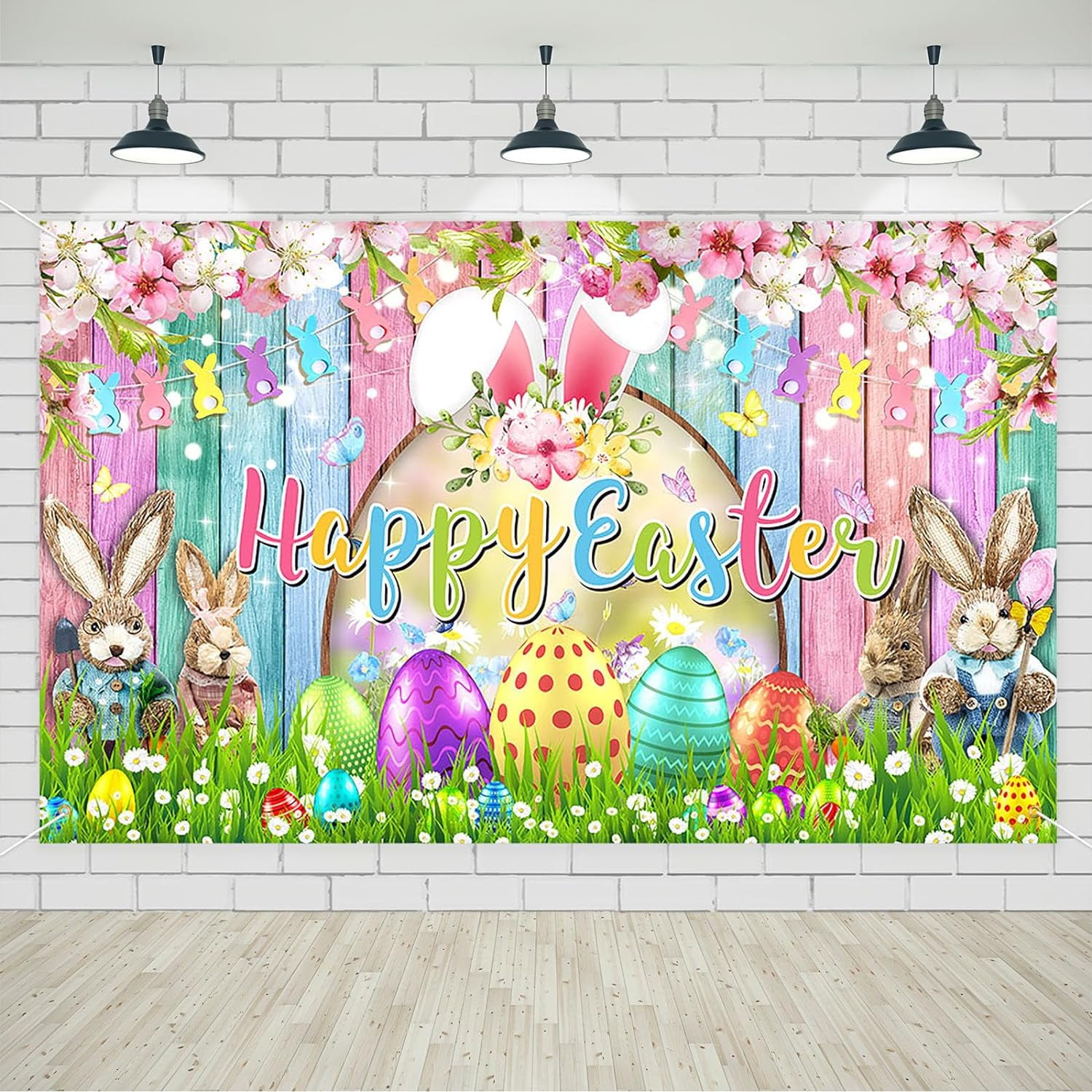 Happy Easter Banner Backdrop Colorful Wood Easter Photography Backdrop ...