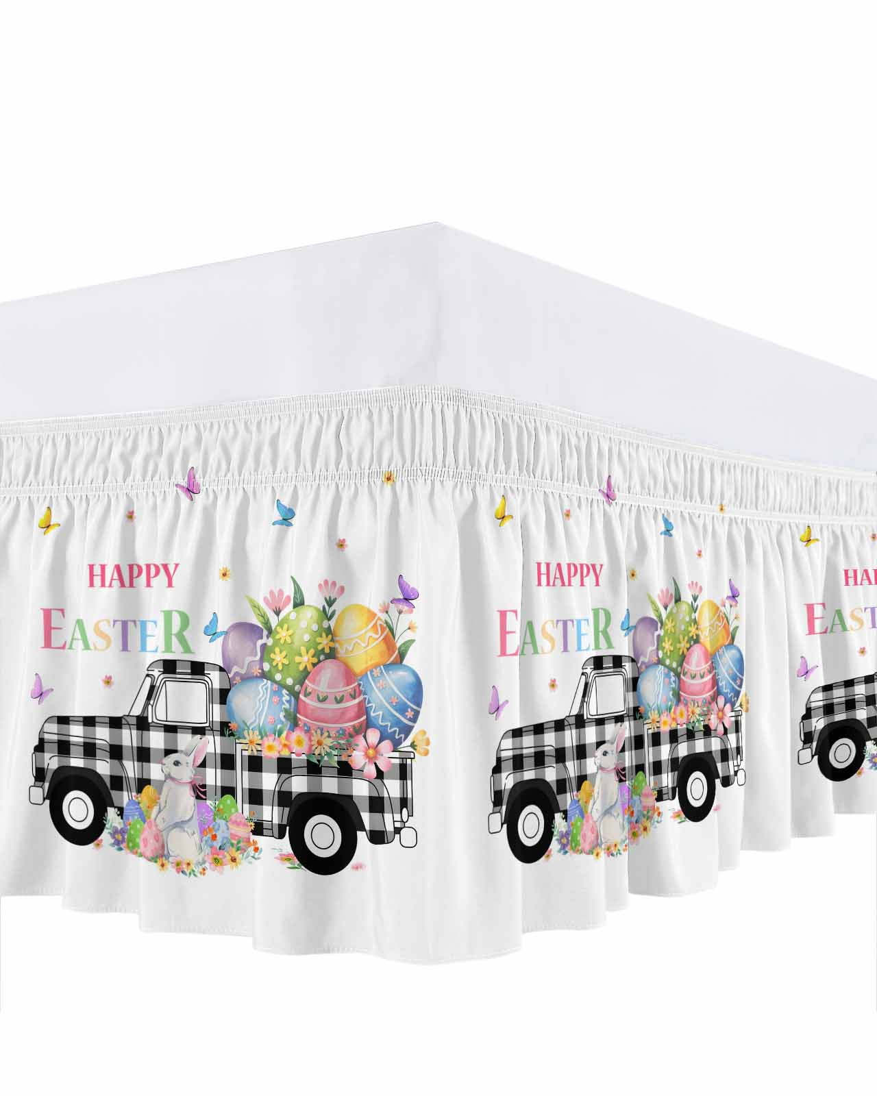 Happy Easter Bed Skirt King Size 18 Inch Drop, Spring Black Plaid Truck Bunny Eggs Butterfly ...