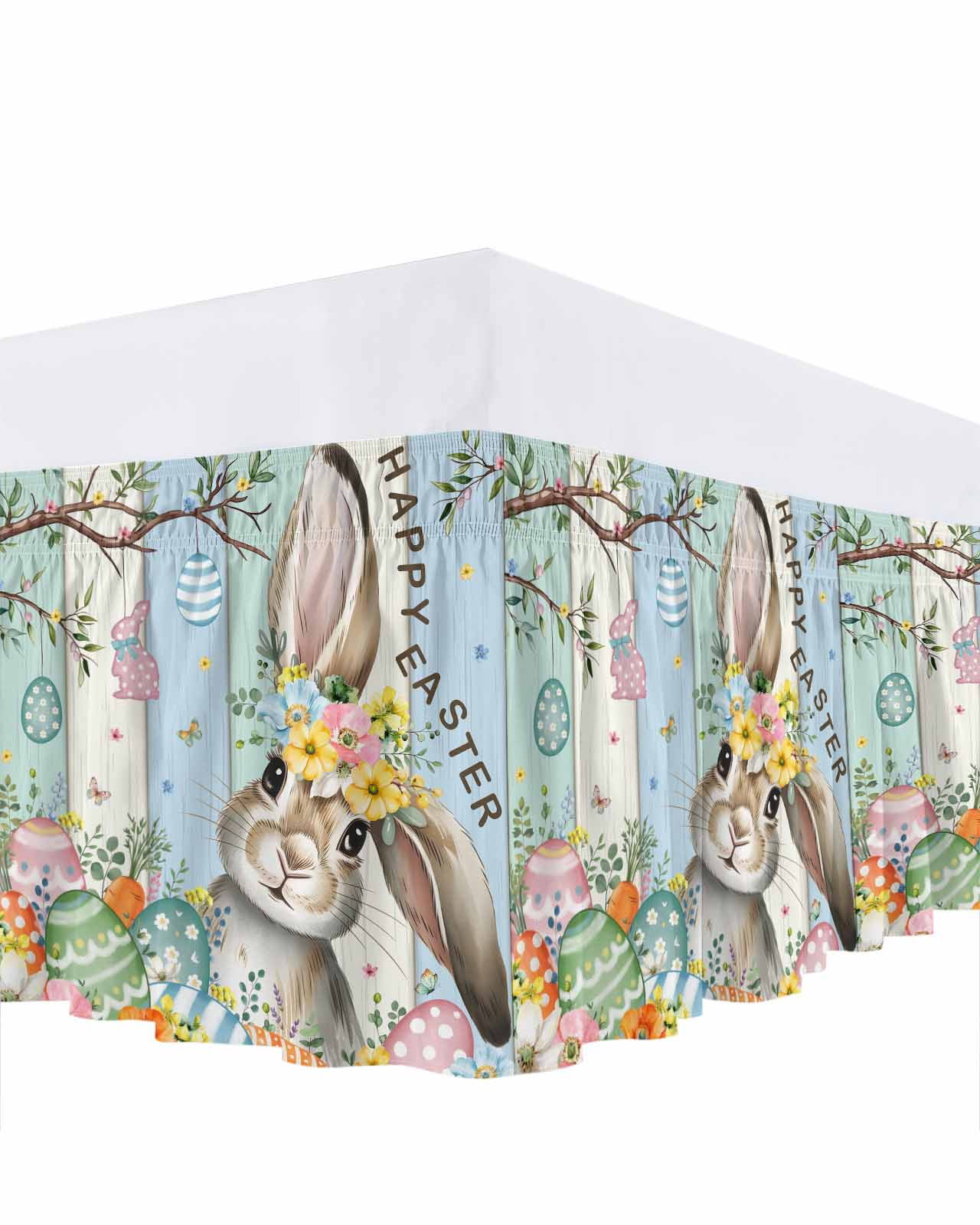 Happy Easter Bed Skirt Queen Size 18 Inch Drop, Bunny Floral Egg Trees ...