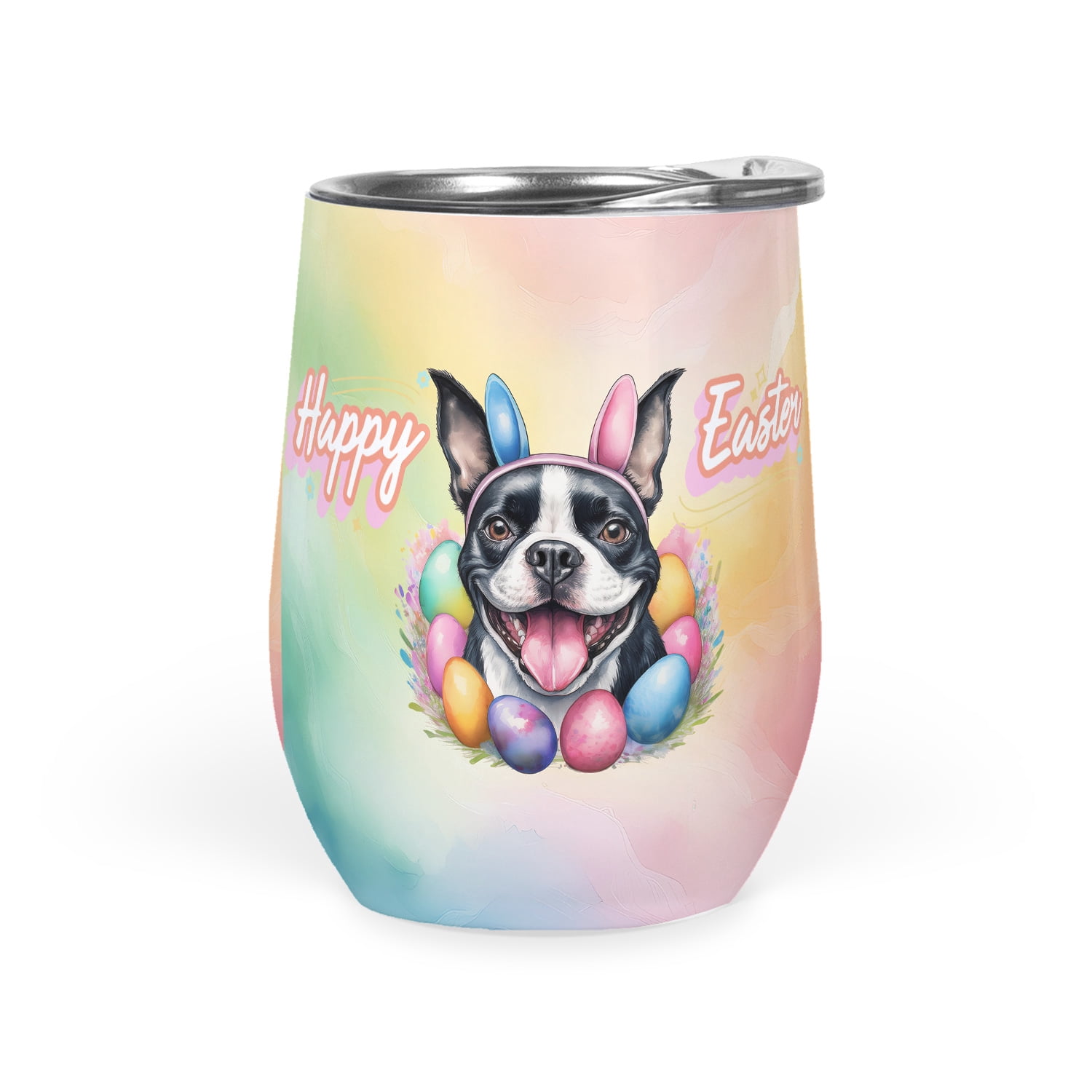 Happy Easter Boston Terrier with Bunny Ear Headband and Flowers 12oz ...