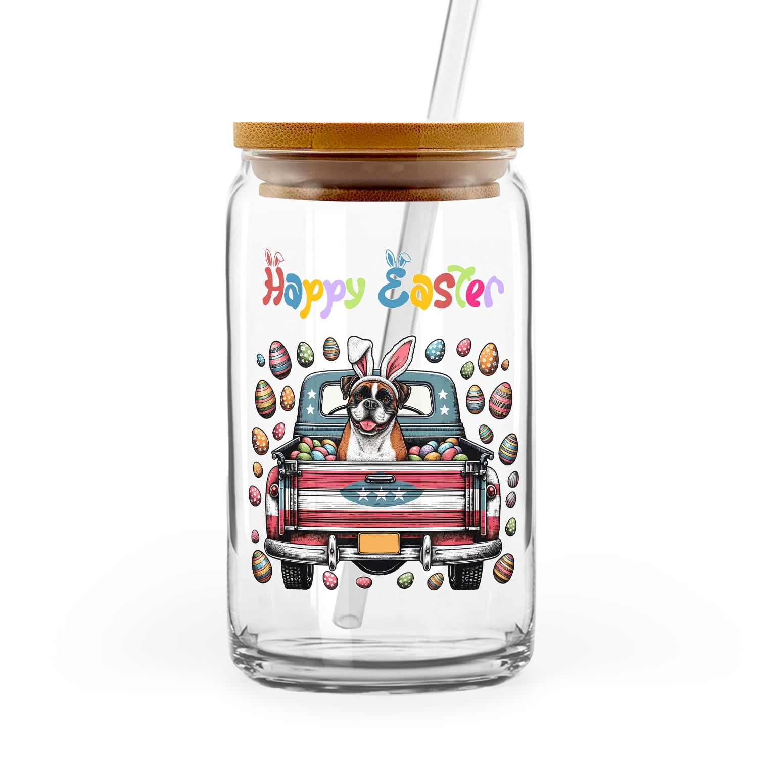 Happy Easter Boxer American Flag Truck Bunny Ears 16oz Glass Cup Mug ...