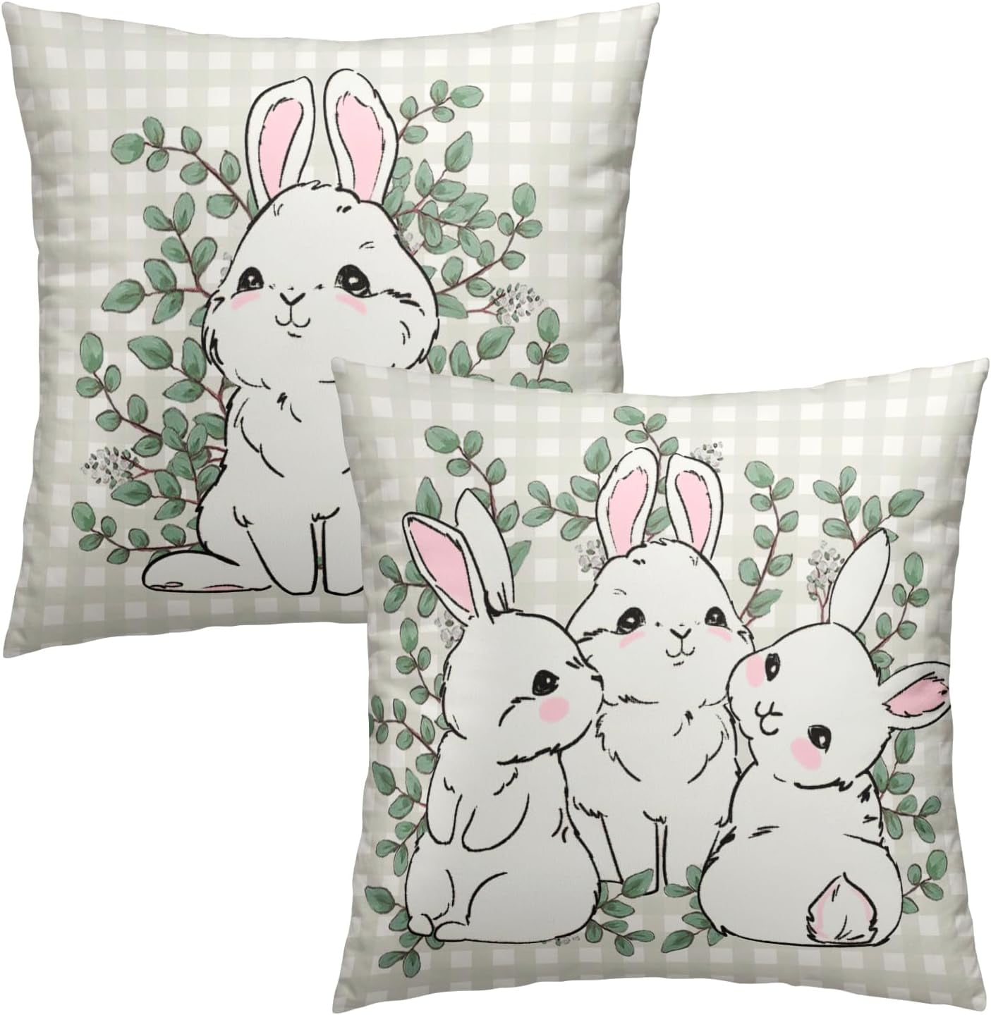Happy Easter Buffalo Plaid Rabbit Pillow Covers 16x16 Inch Eucalyptus ...