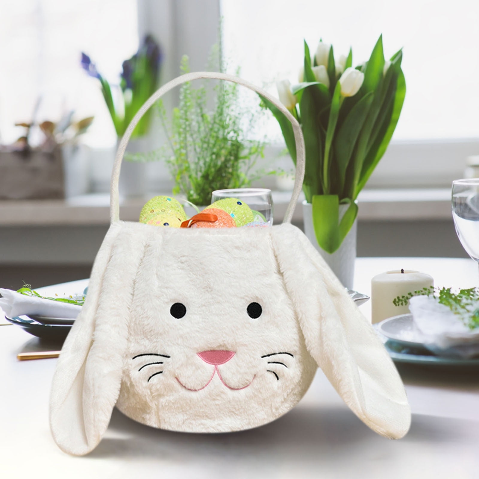 Happy Easter Bunny Basket Long Ears Tote Bag Kids Gift Storage Easter ...