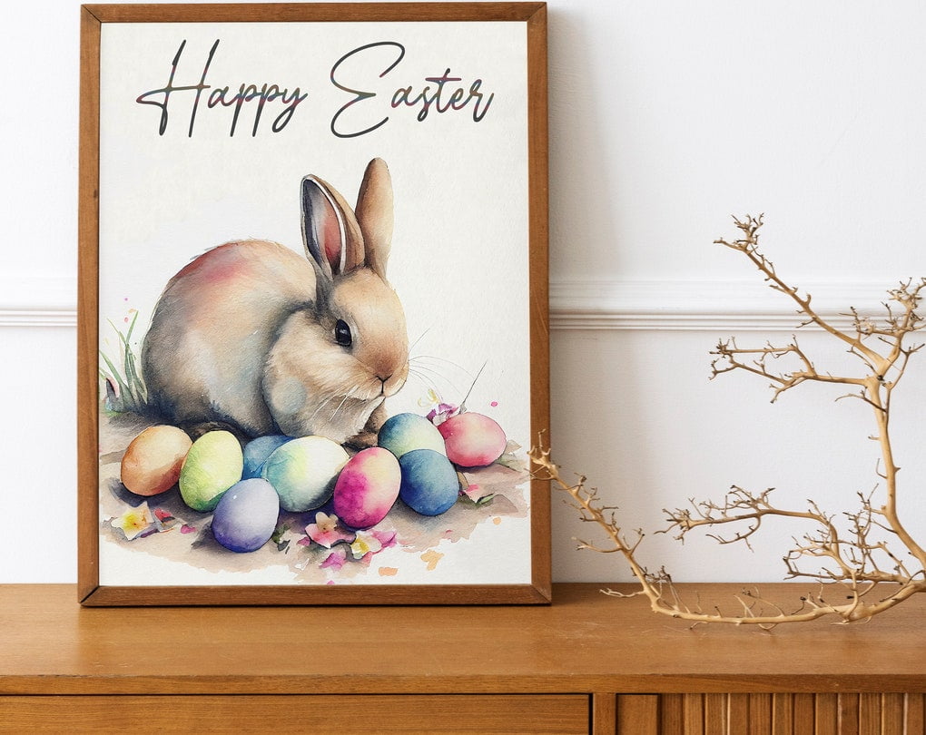 Happy Easter Bunny Colorful Eggs Boho Art Print, Bunny Art, Easter Art ...