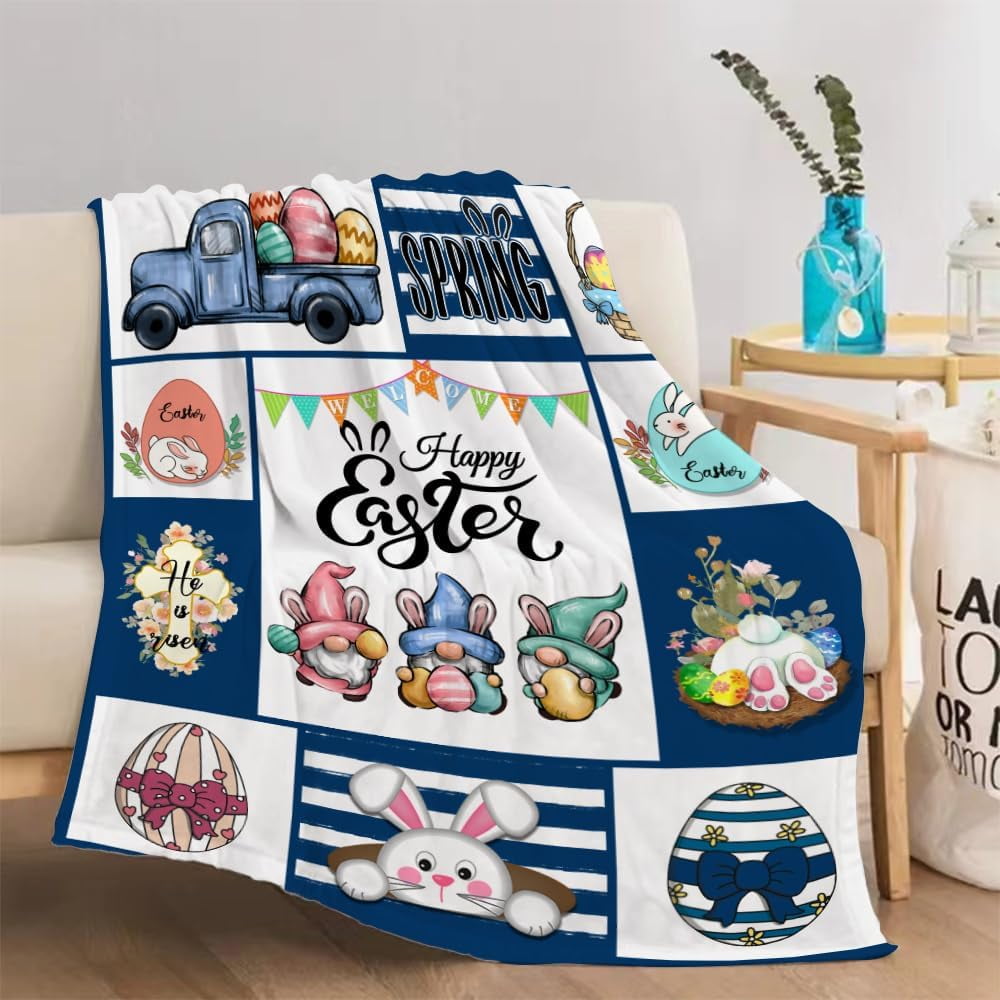 Happy Easter Bunny Decorative Throw Blanket Medium Blue Plaid Rabbit ...