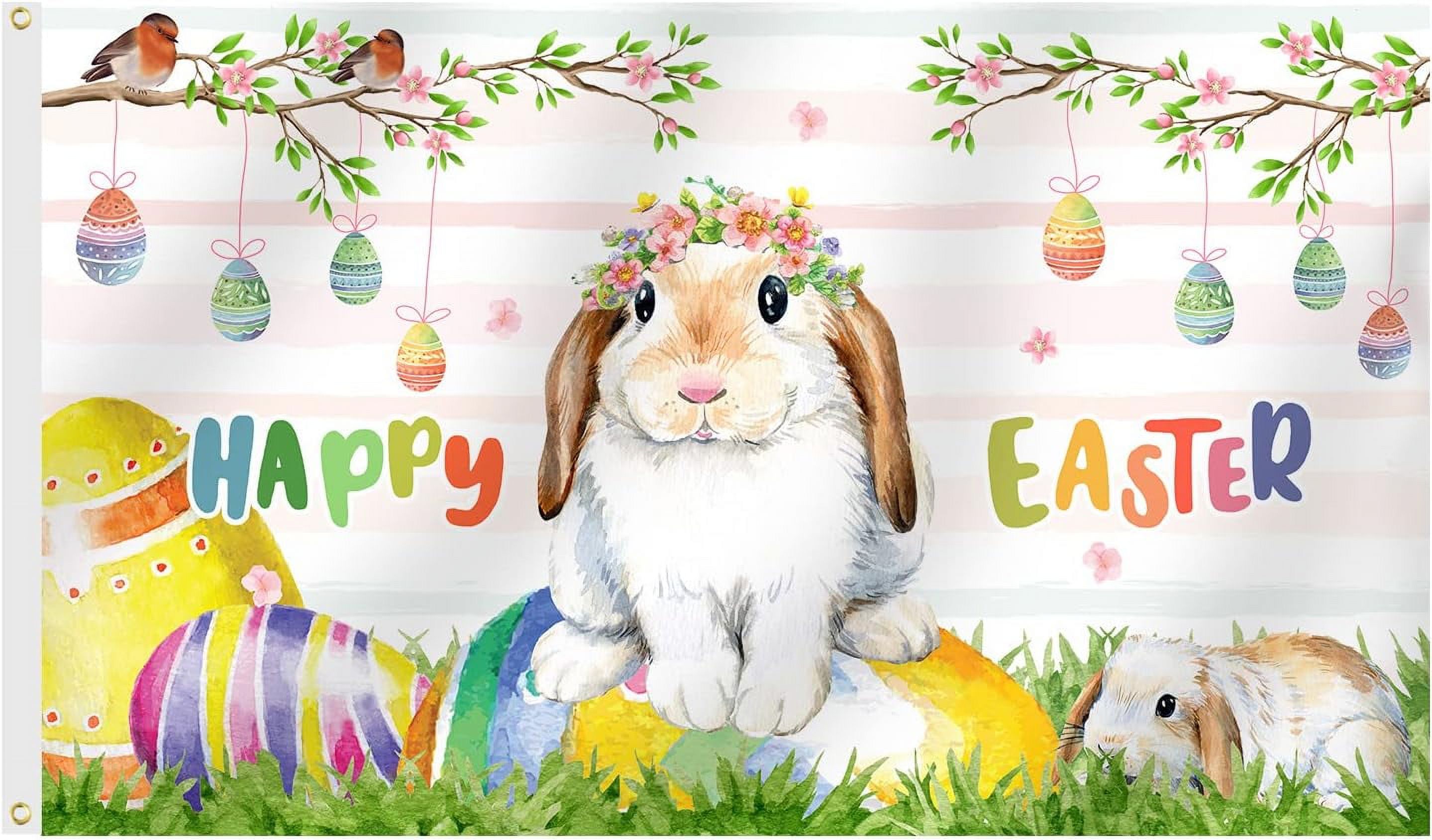 Happy Easter Bunny Rabbit Flag Banner, Easter Eggs Rabbits Birds Spring ...