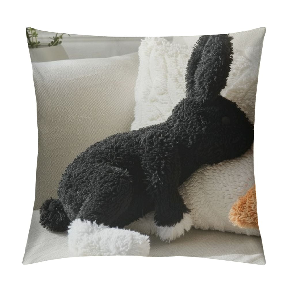Happy Easter Bunny Shaped Throw Pillow, Plush Boucle Jumping Rabbit ...