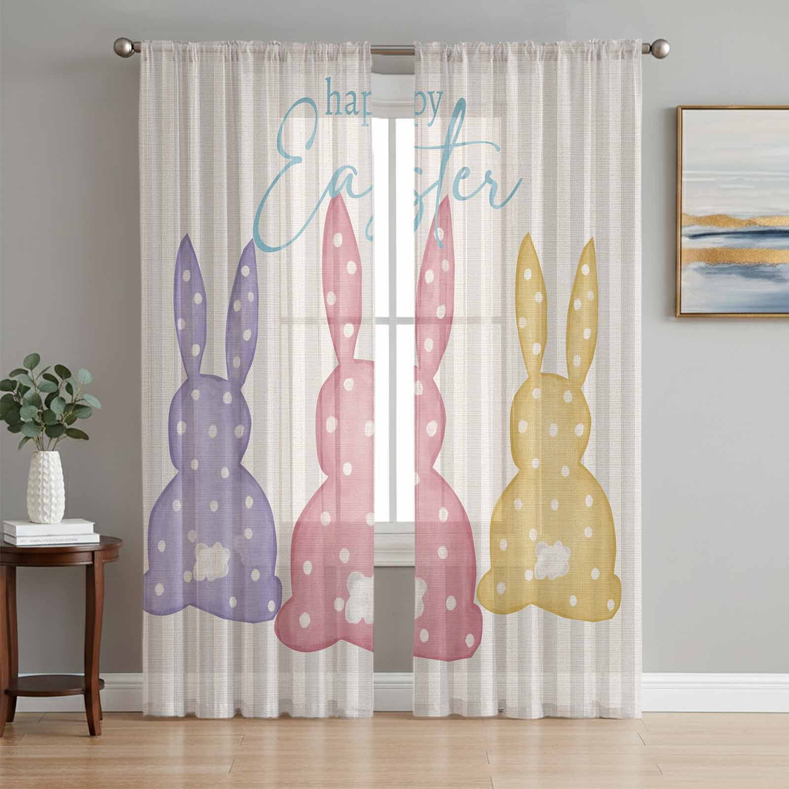 Happy Easter Bunny Sheer Curtains 72 Inch Length 2 Panels Set, Striped Polka Dot Rabbits ...