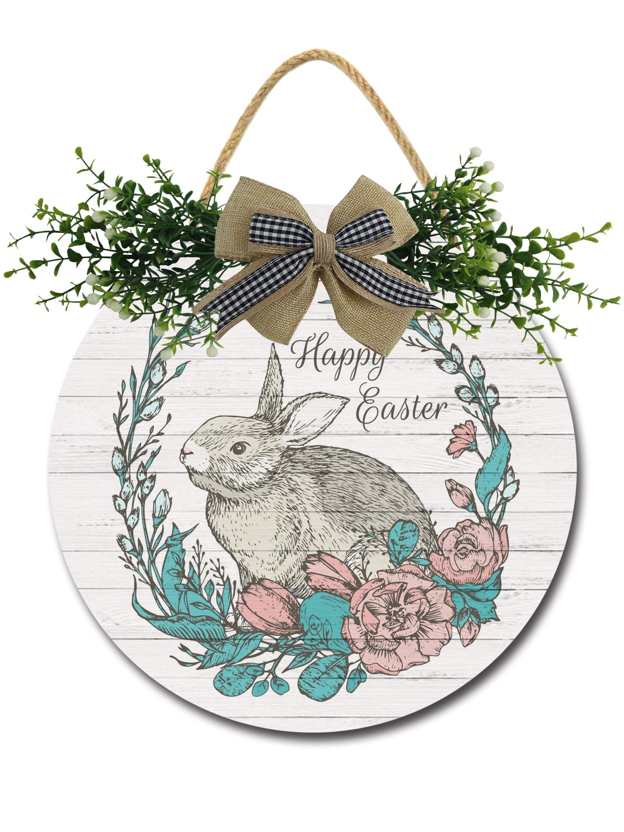 Happy Easter Bunny Sign Front Door Porch Decorations, Round Rustic Wood ...