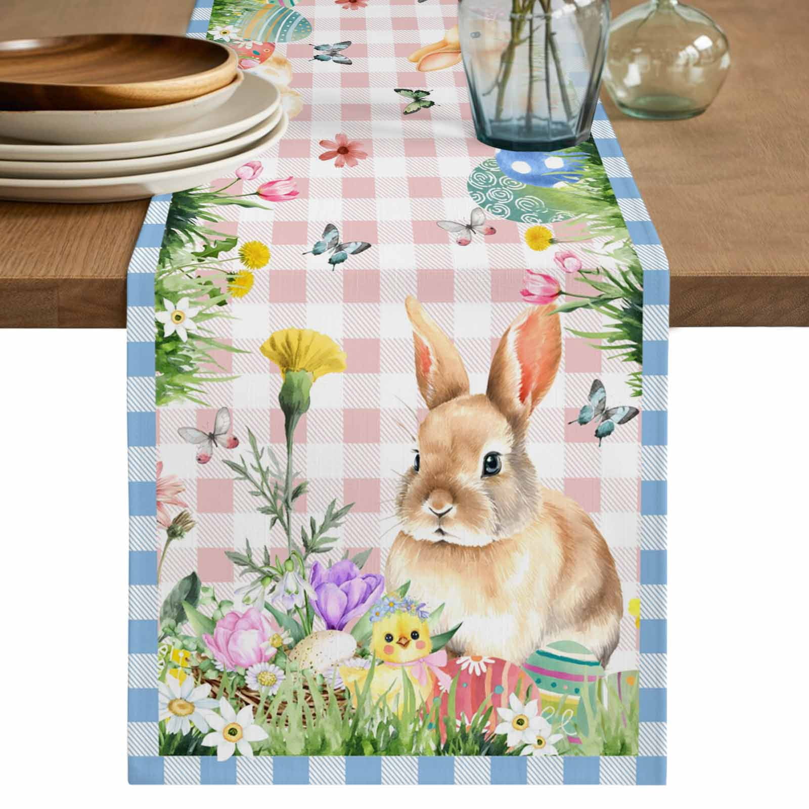 Happy Easter Bunny Table Runner 72 Inches, Spring Floral Pink Blue ...