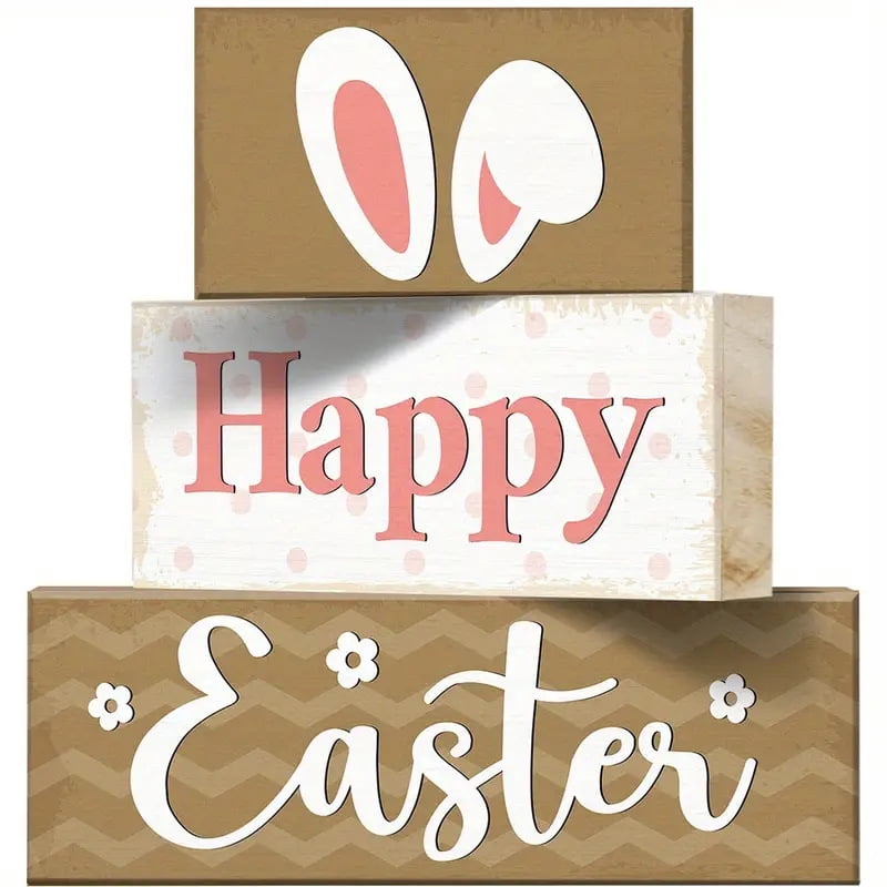 Happy Easter Bunny Table Sign Decorations, Easter Wooden Block Tabletop ...