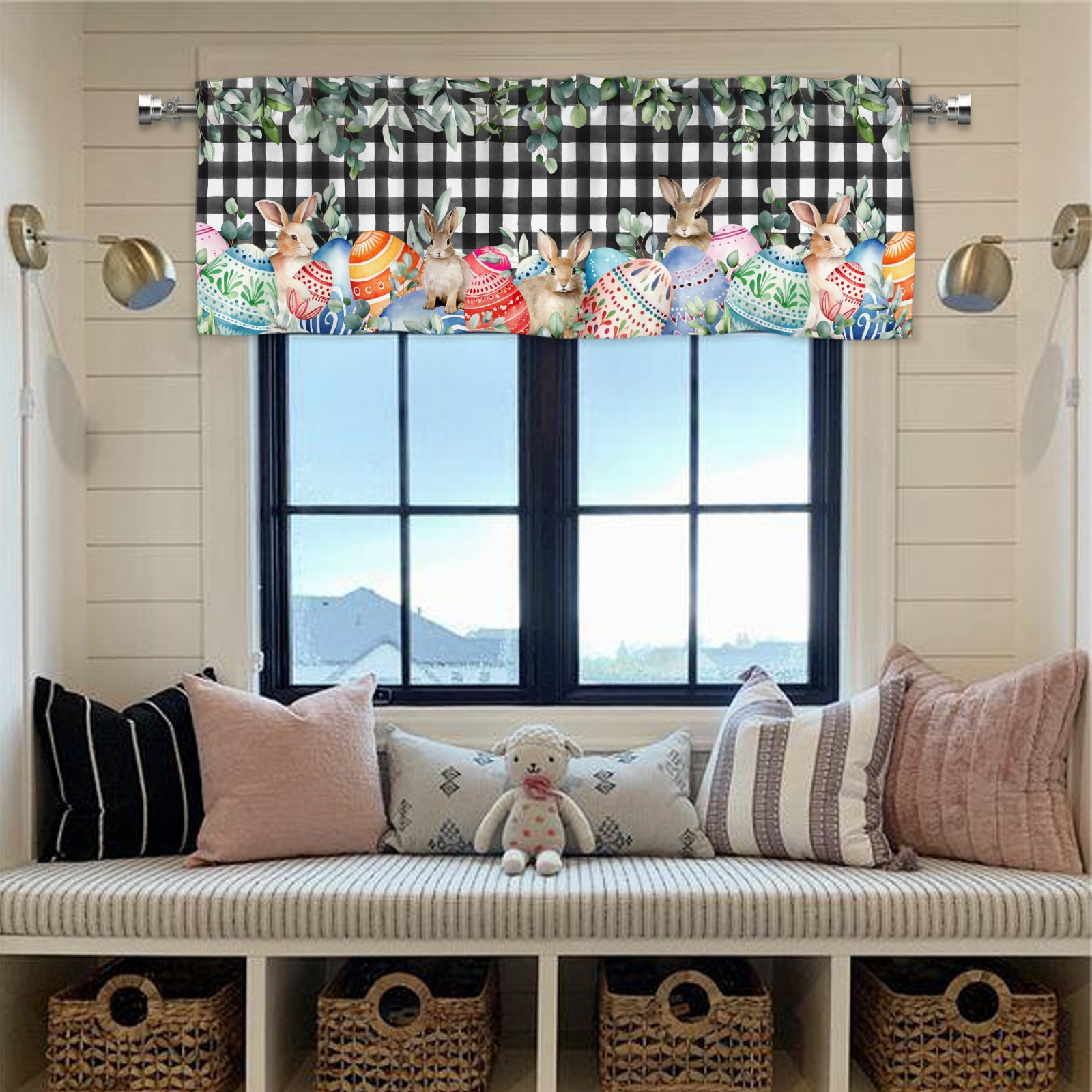 Happy Easter Bunny Valance For Kitchen Windows Farmhouse Curtain With ...