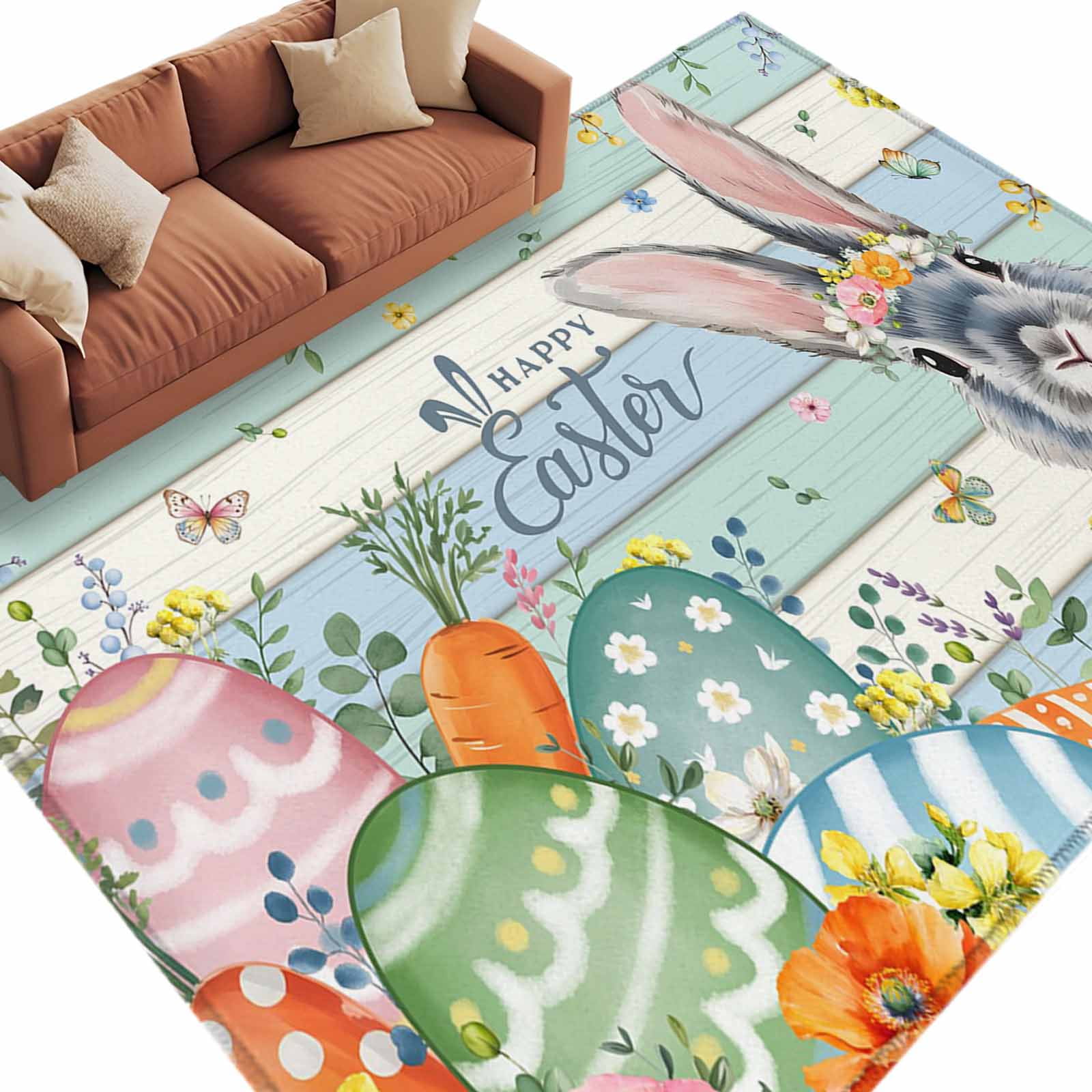 Happy Easter Bunny Washable Area Rug 6 x 9 ft Spring Gray Rabbit ...