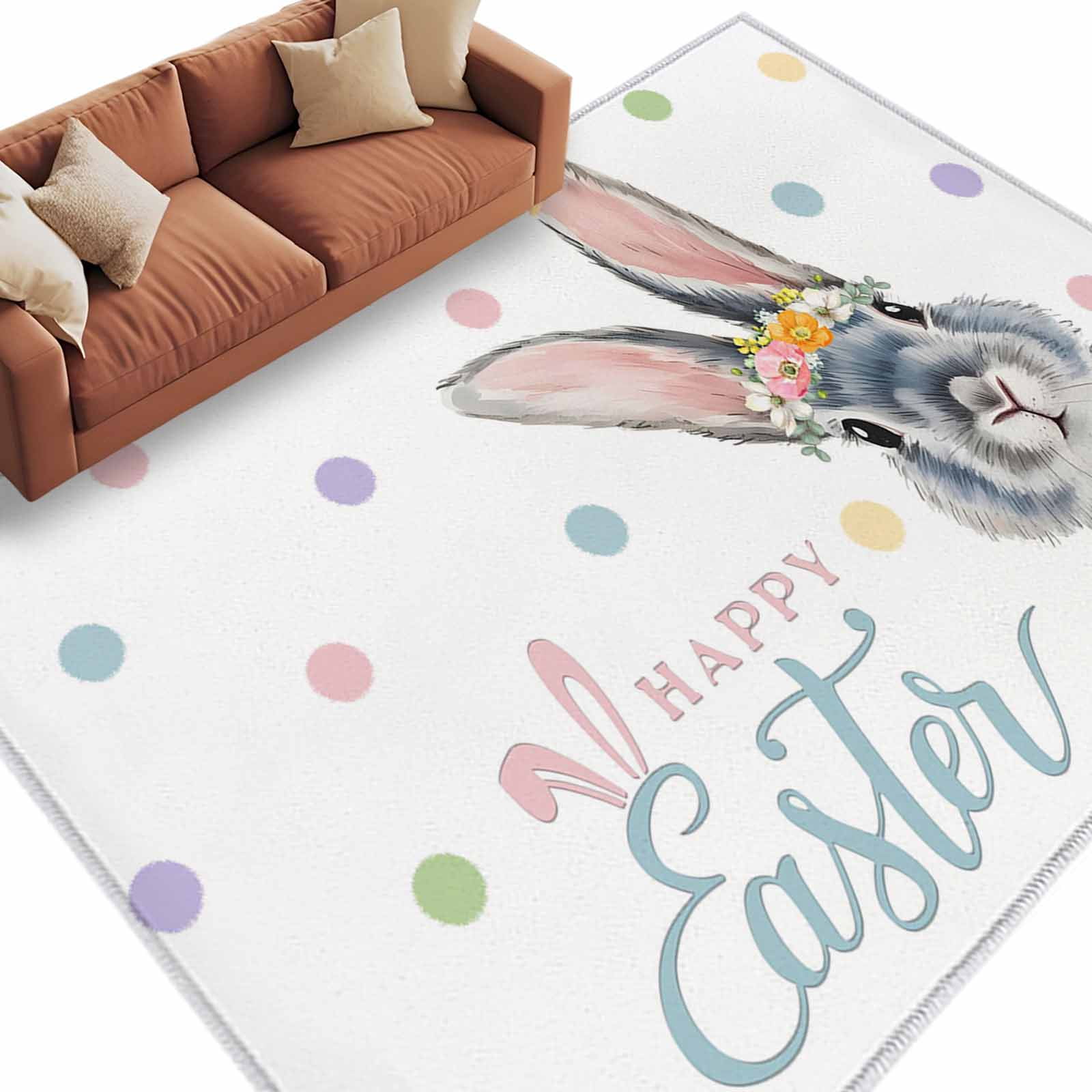 Happy Easter Bunny Washable Area Rug 8 x 10 ft Spring Cute Gray Rabbit ...
