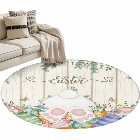 Happy Easter Bunny Washable Round Area Rug 3.3 ft, Spring Rabbit Eggs ...