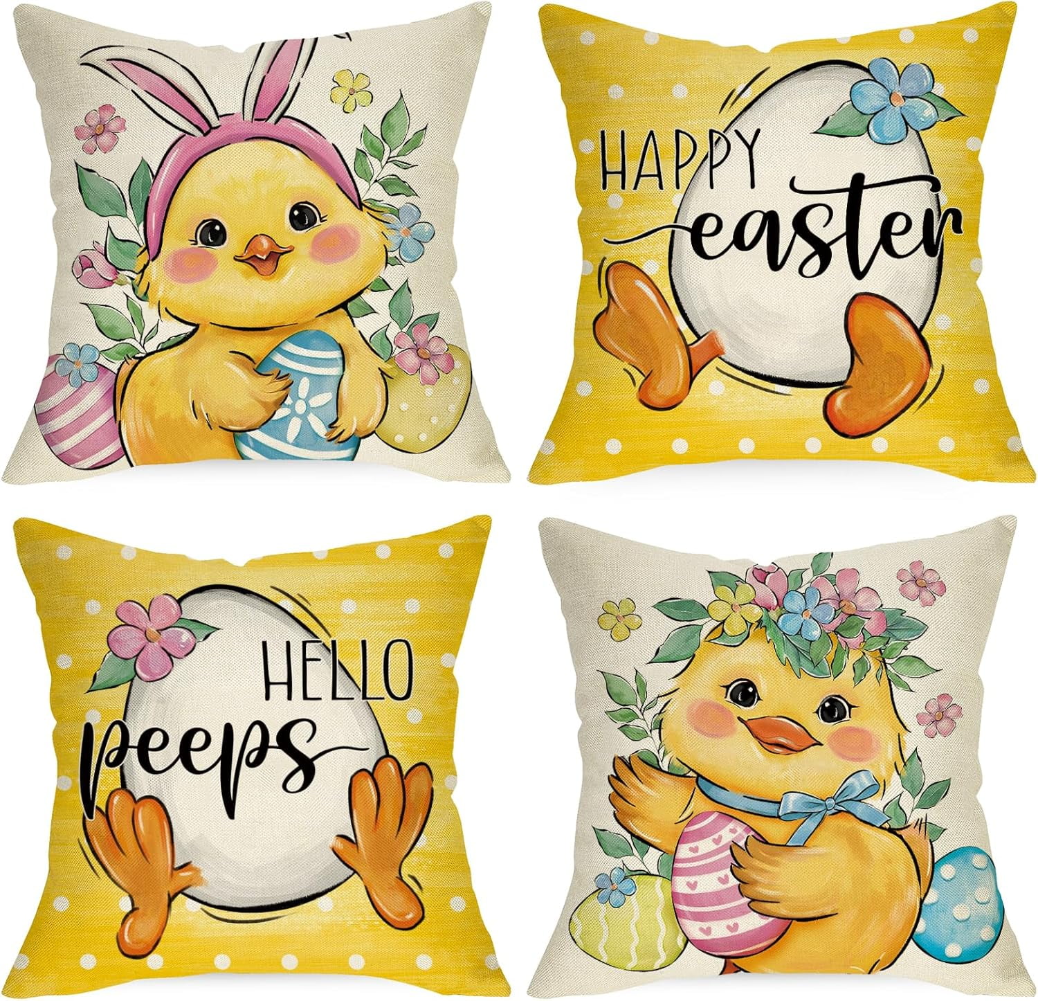 Happy Easter Chick Duck Eggs Decorative Throw Pillow Covers 18 x 18 Set ...