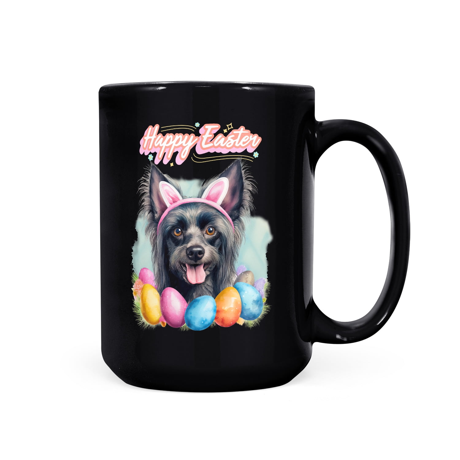 Happy Easter Chinese Crested with Bunny Ear Headband and Flowers Mug ...