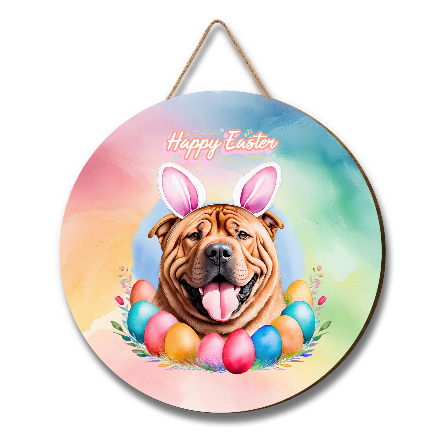 Happy Easter Chinese Shar-Pei with Bunny Ear Headband and Flowers Round ...