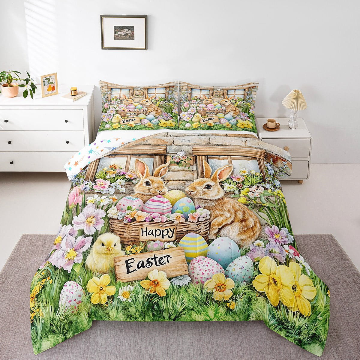 Happy Easter Comforter Set King Size,Cute Rabbit Garden Watercolor ...