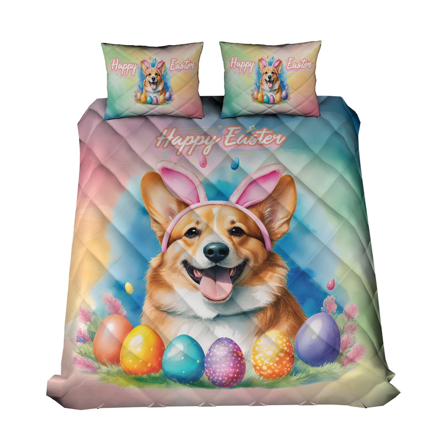 Happy Easter Corgi with Bunny Ear Headband and Flowers Quilt Bedding ...