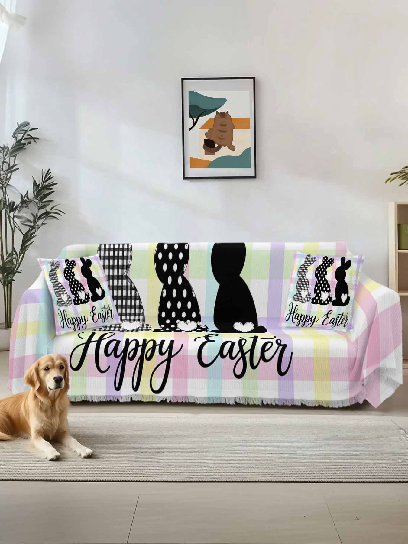 Happy Easter Couch Cover, Black White Polka Dots Rabbits Colorful Plaid ...