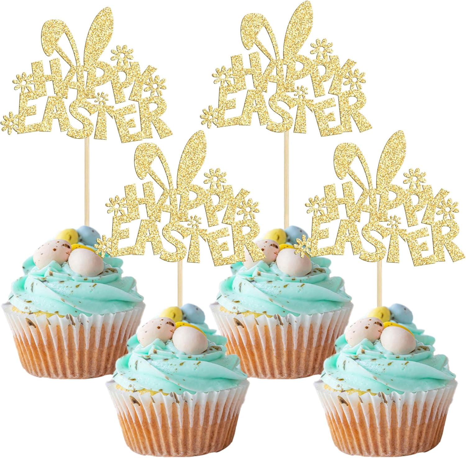 Happy Easter Cupcake Toppers Gold Glitter Easter Rabbit Ear Cupcake ...