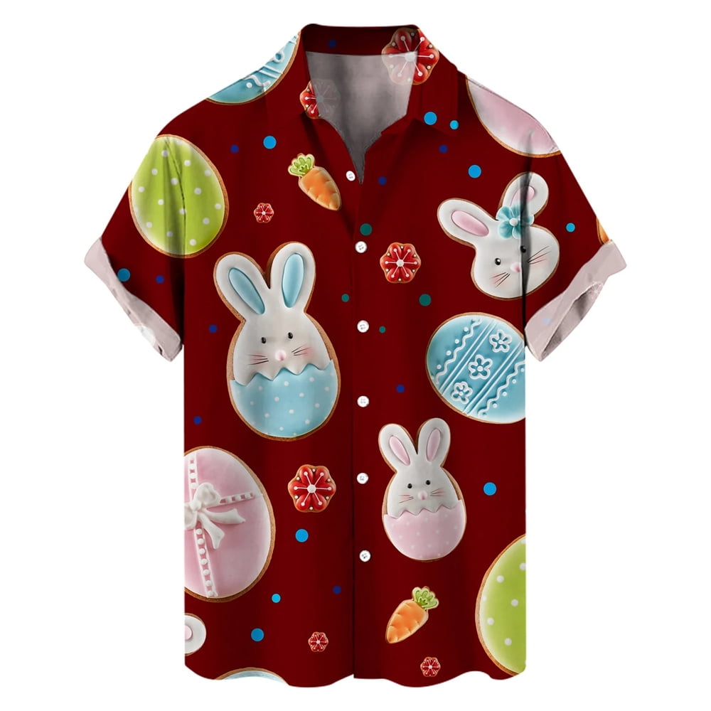 Happy Easter Day Cartoon Mens Rabbit Eggs Hawaiian Shirts 3D Printed ...