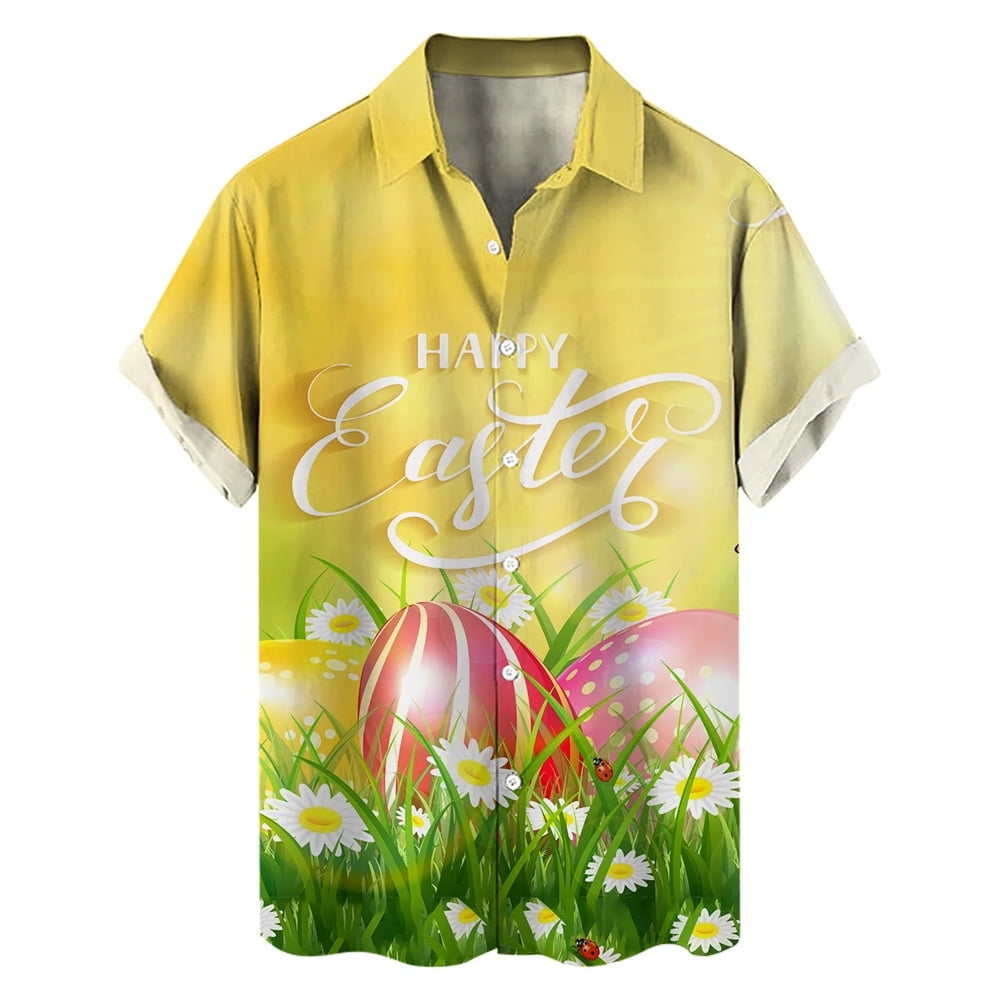 Happy Easter Day Cartoon Mens Rabbit Eggs Hawaiian Shirts 3D Printed ...