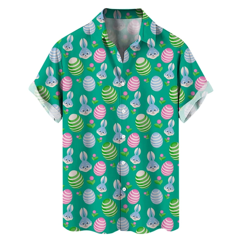 Happy Easter Day Cartoon Rabbit Eggs Hawaiian Mens Shirts 3D Printed ...