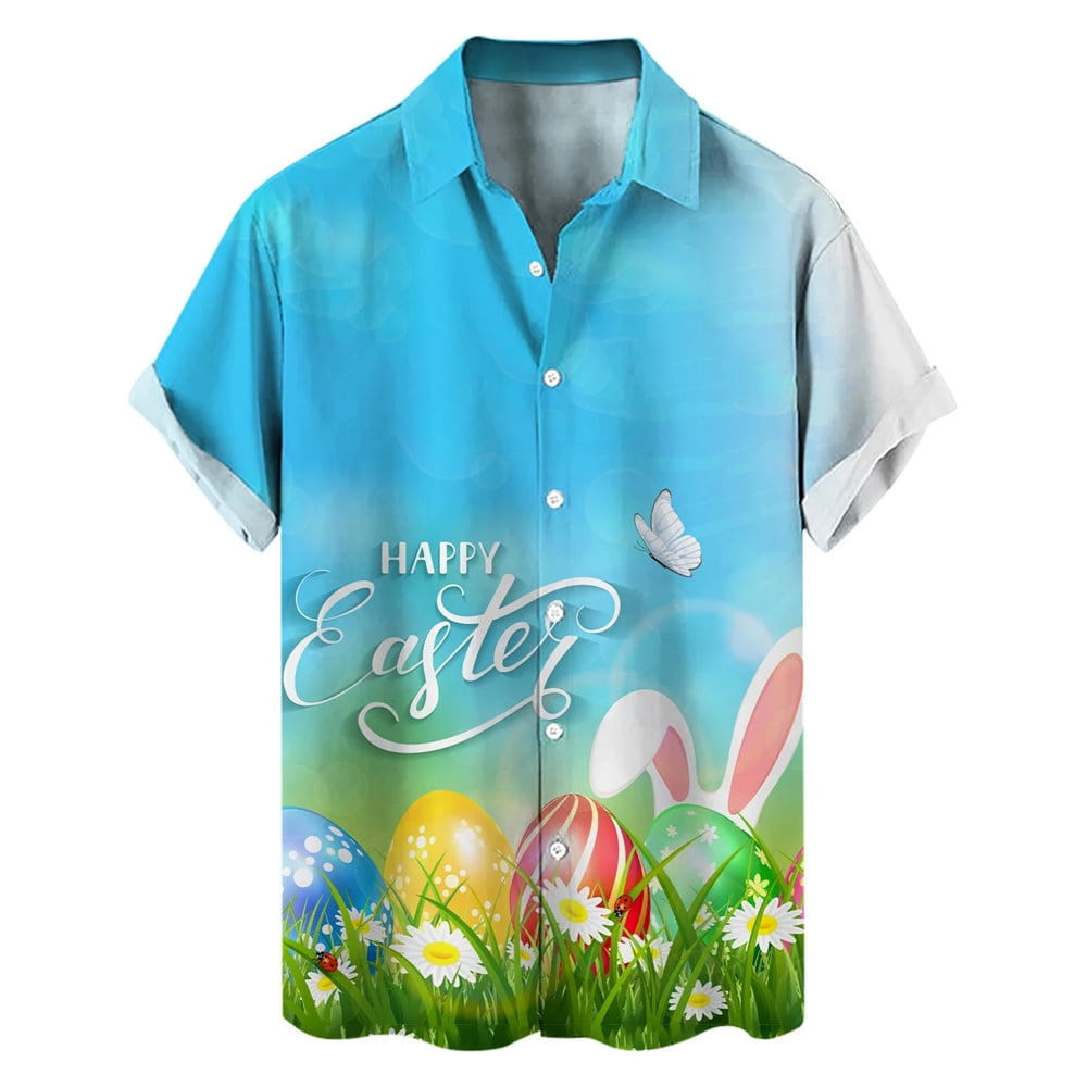 Happy Easter Day Cartoon Rabbit Eggs Hawaiian Mens Shirts 3D Printed ...