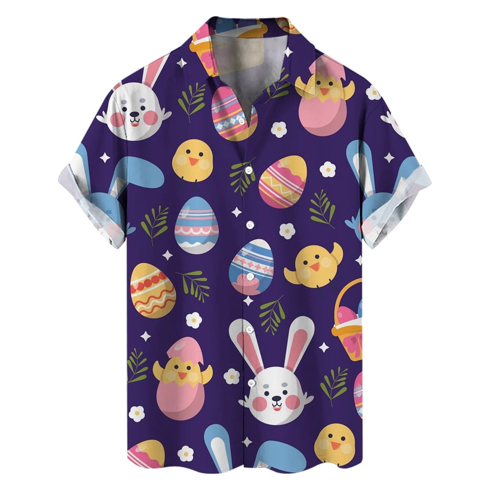 Happy Easter Day Cartoon Rabbit Eggs Hawaiian Mens Shirts 3D Printed ...