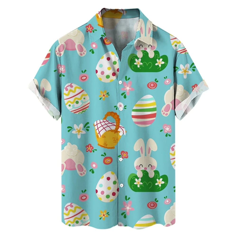 Happy Easter Day Cartoon Rabbit Eggs Hawaiian Mens Shirts 3D Printed ...