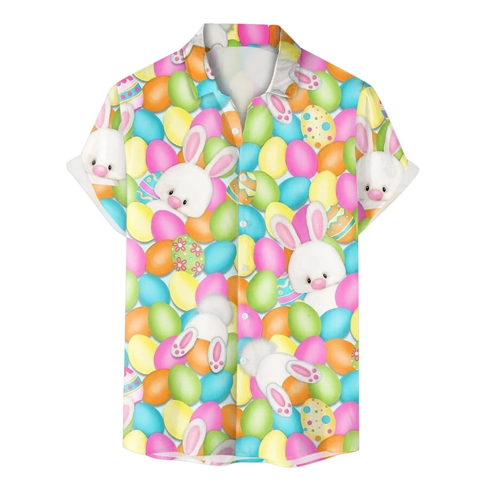 Happy Easter Day Cartoon Rabbit Eggs Hawaiian Mens Shirts 3D Printed ...