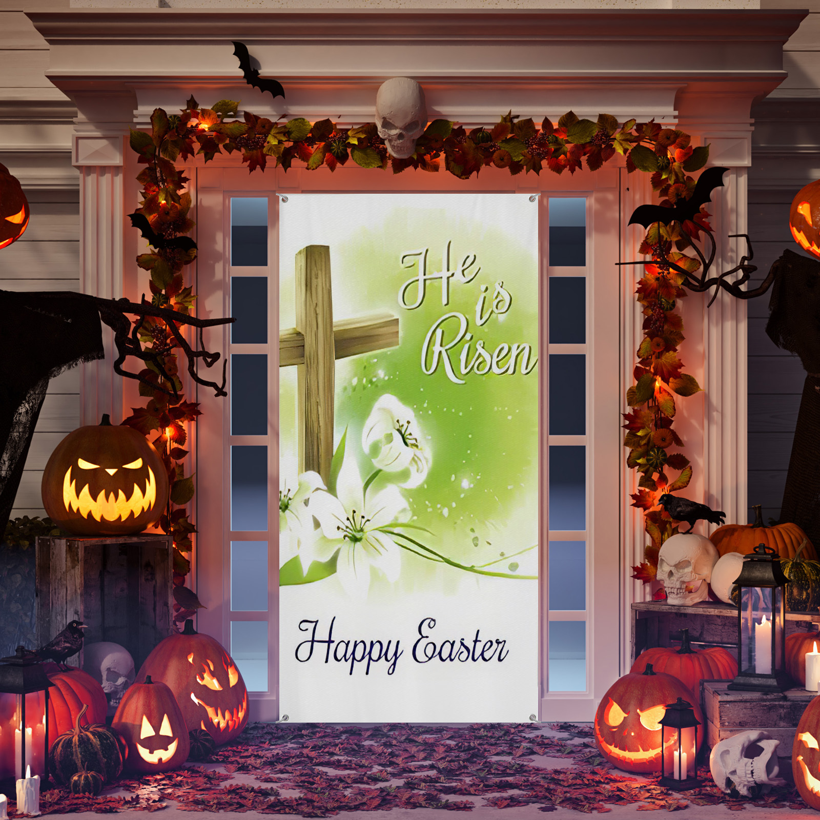 Happy Easter Day Door frame decoration, winter courtyard terrace ...