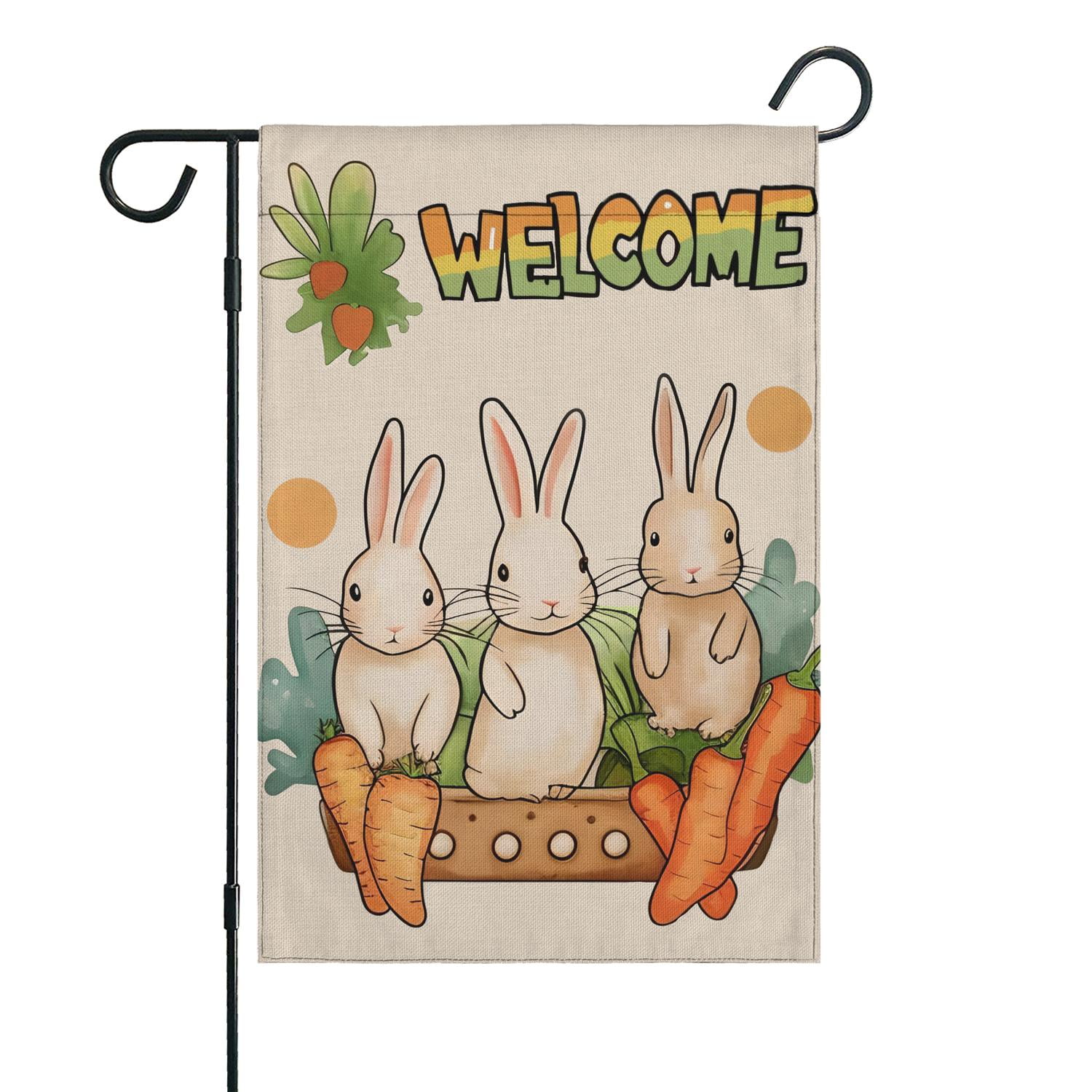Happy Easter Day Garden Flag Linen Outdoor Flag Bunny Carrots Holiday ...