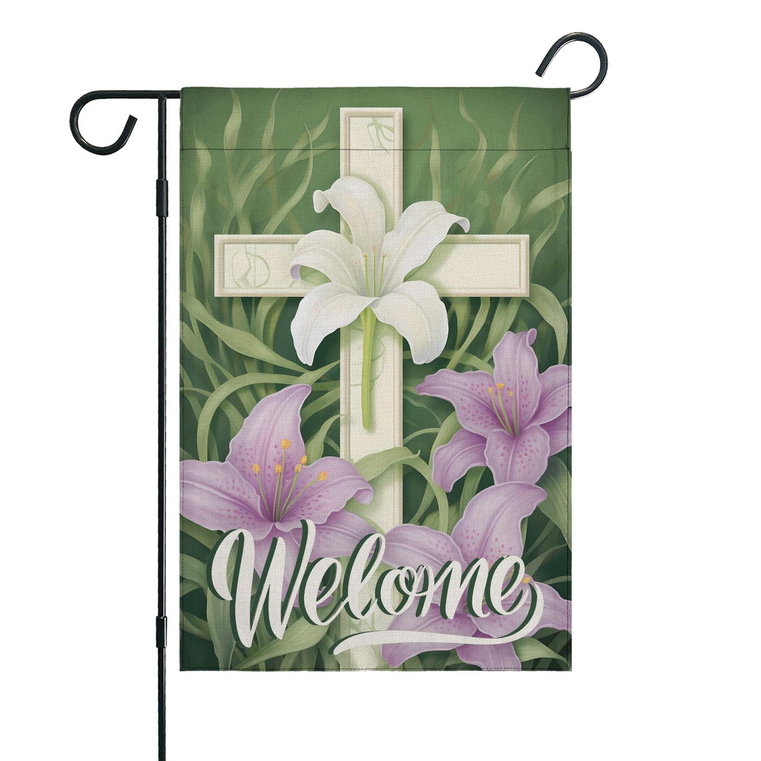 Happy Easter Day Garden Flag Linen Outdoor Flag Easter Lilies Easter ...