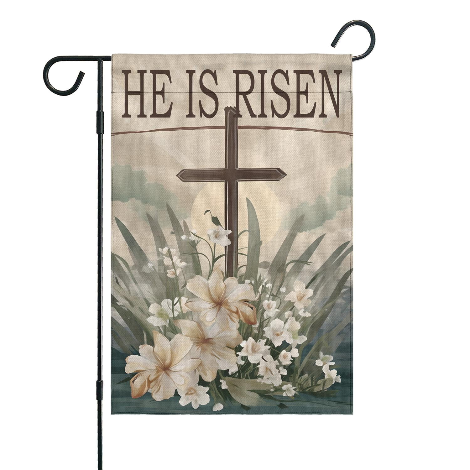 Happy Easter Day House Flag Burlap Outdoor Flag He Is Risen Lilies and ...
