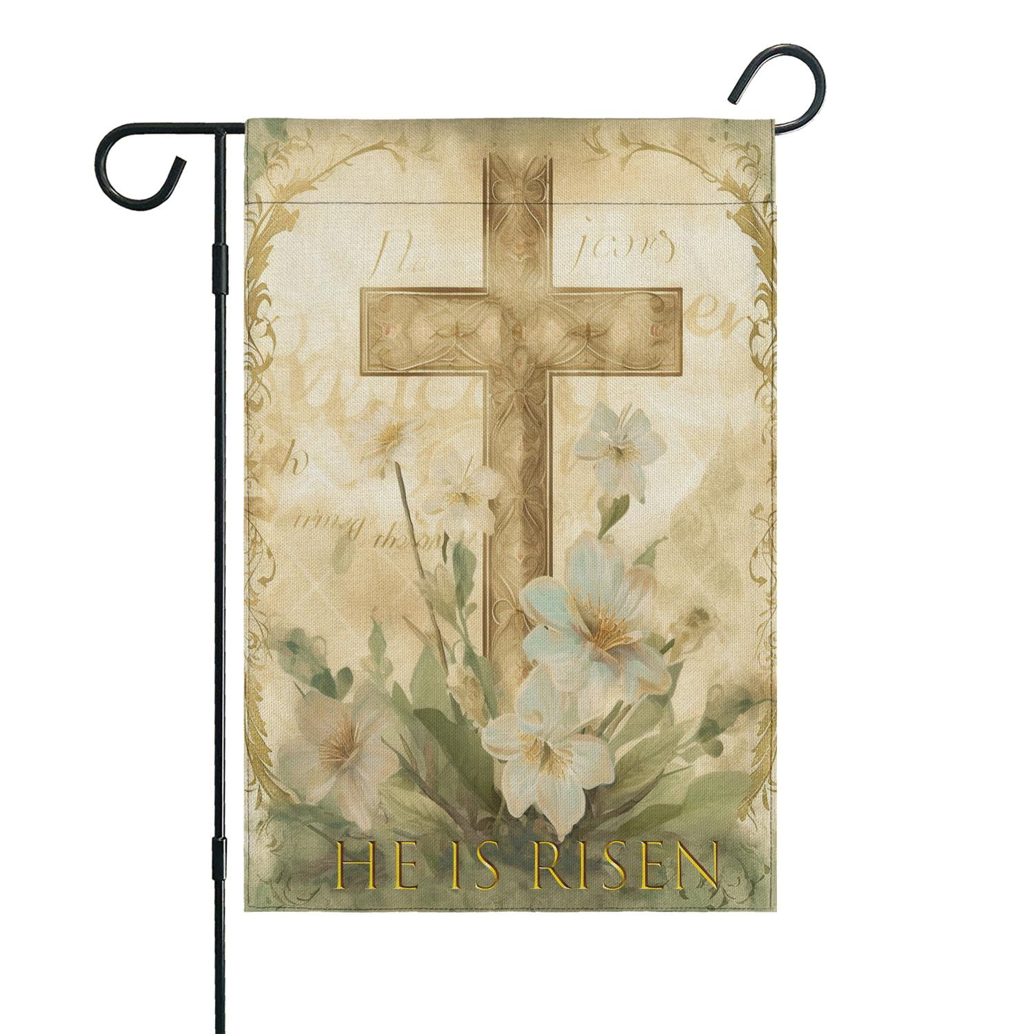 Happy Easter Day Outdoor Flag Linen Garden Flag He Is Risen Lilies and ...