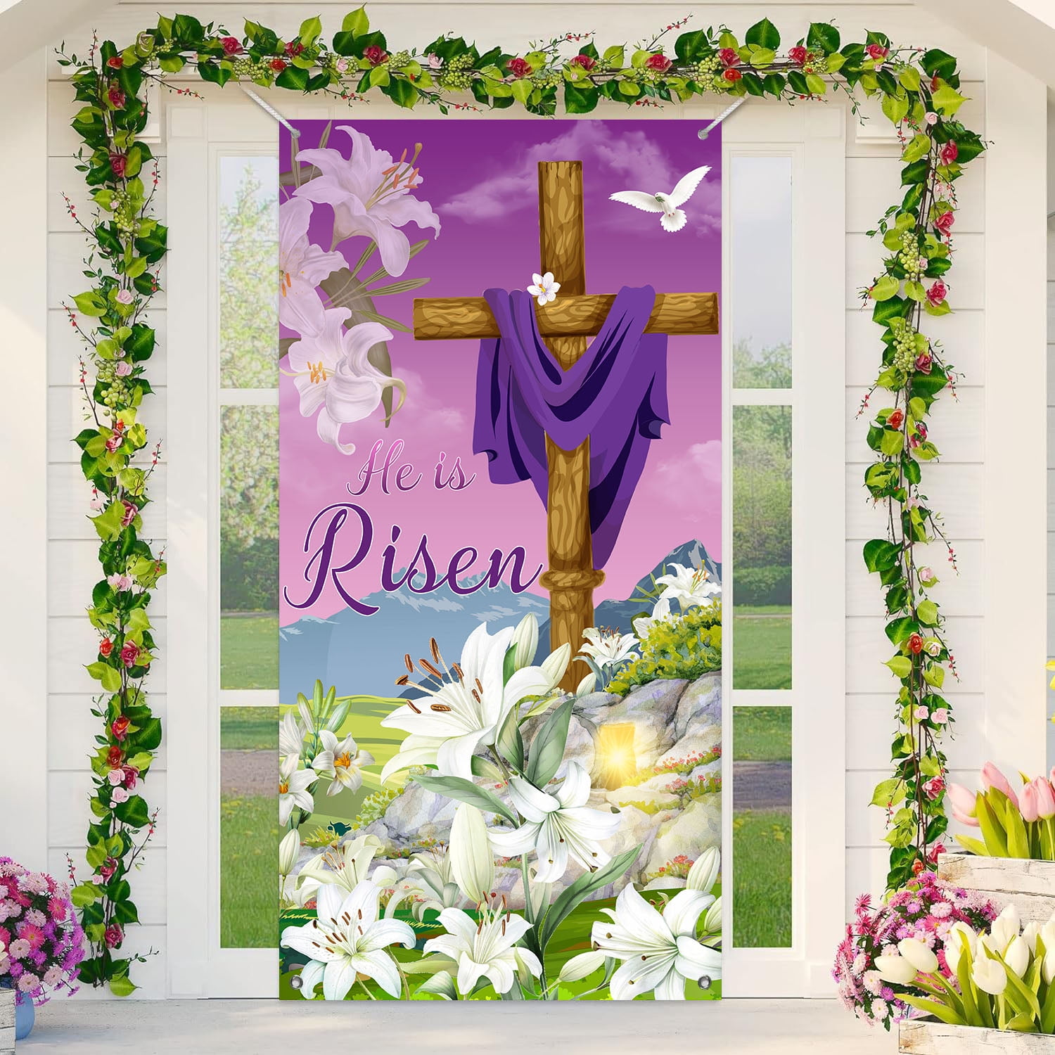 Happy Easter Day He is Risen Religious Cross Door Cover Decorations ...
