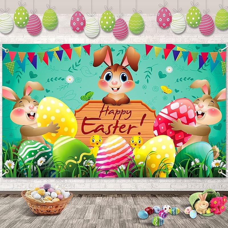 Happy Easter Decorations Banner Backdrop, Easter Banner with Bunny ...