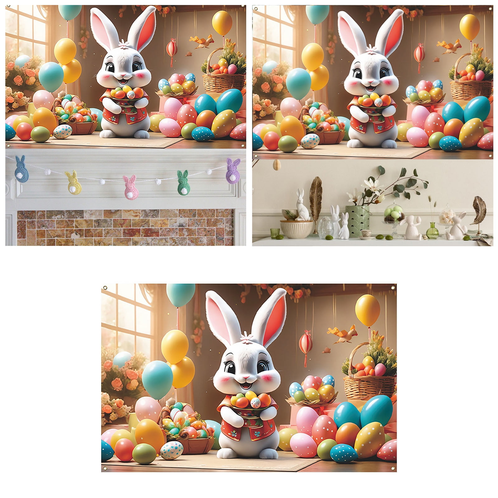 Happy Easter Decorations Banner Bunny Backdrop Colorful Cartoon Easter Egg and Floral Rabbit ...