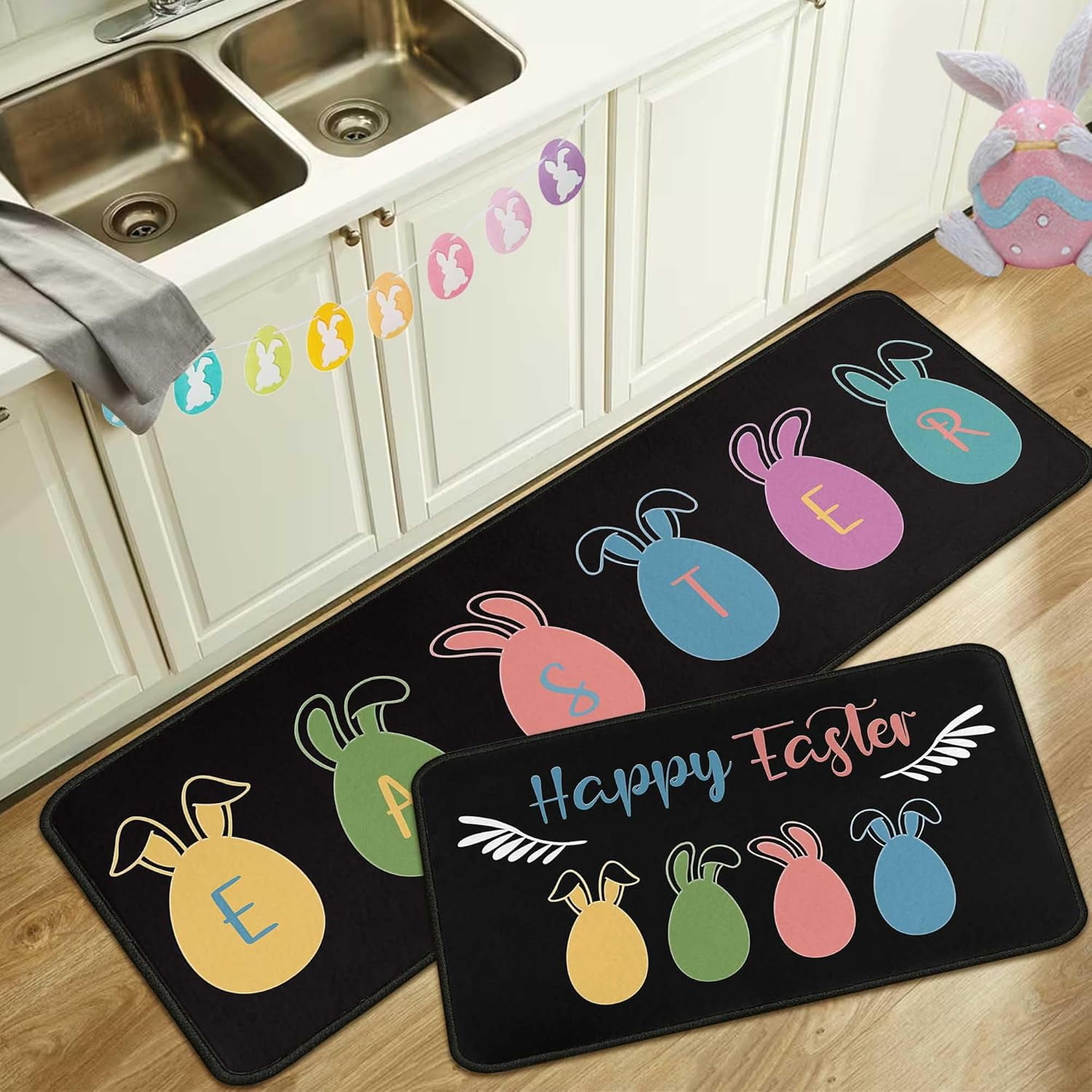 Happy Easter Decorative Black Kitchen Rugs Set of 2, Rabbit Easter Eggs ...